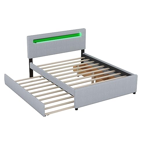 BOVZA Queen Size Upholstered Platform Bed with 2 Storage Drawers and Twin Trundle, LED Lights and USB Charging, Linen Queen Bed Frame with Headboard and Wood Slat Support, Gray