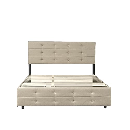 Prohon Upholstered Platform Bed with Trundle & 2 Drawers, Wood Bed Frame Queen Size, Modern Bedframes with Linen Tufted Headboard for Kids, Teen & Adults, No Box Spring Needed, Light Beige