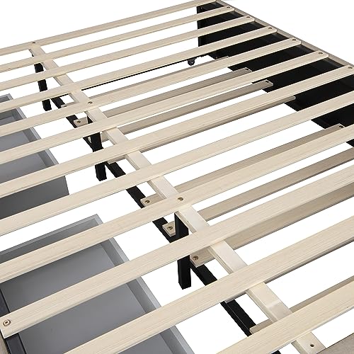 Prohon Upholstered Platform Bed with Trundle & 2 Drawers, Wood Bed Frame Queen Size, Modern Bedframes with Linen Tufted Headboard for Kids, Teen & Adults, No Box Spring Needed, Light Beige
