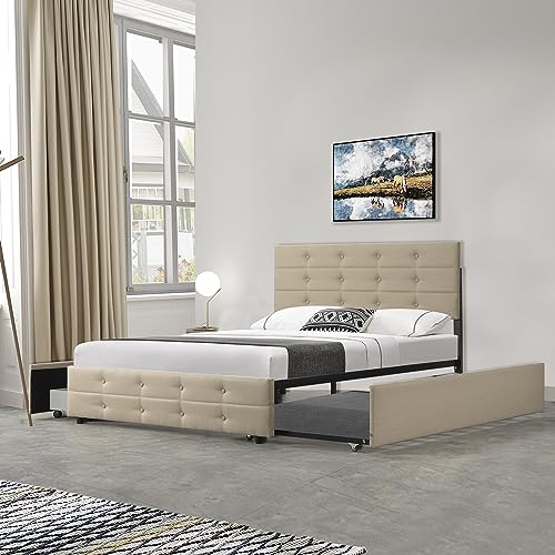 Prohon Upholstered Platform Bed with Trundle & 2 Drawers, Wood Bed Frame Queen Size, Modern Bedframes with Linen Tufted Headboard for Kids, Teen & Adults, No Box Spring Needed, Light Beige