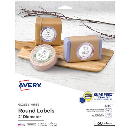 Avery Printable Round Labels with Sure Feed, 2" Diameter, Glossy White, 60 Customizable Labels (22817)