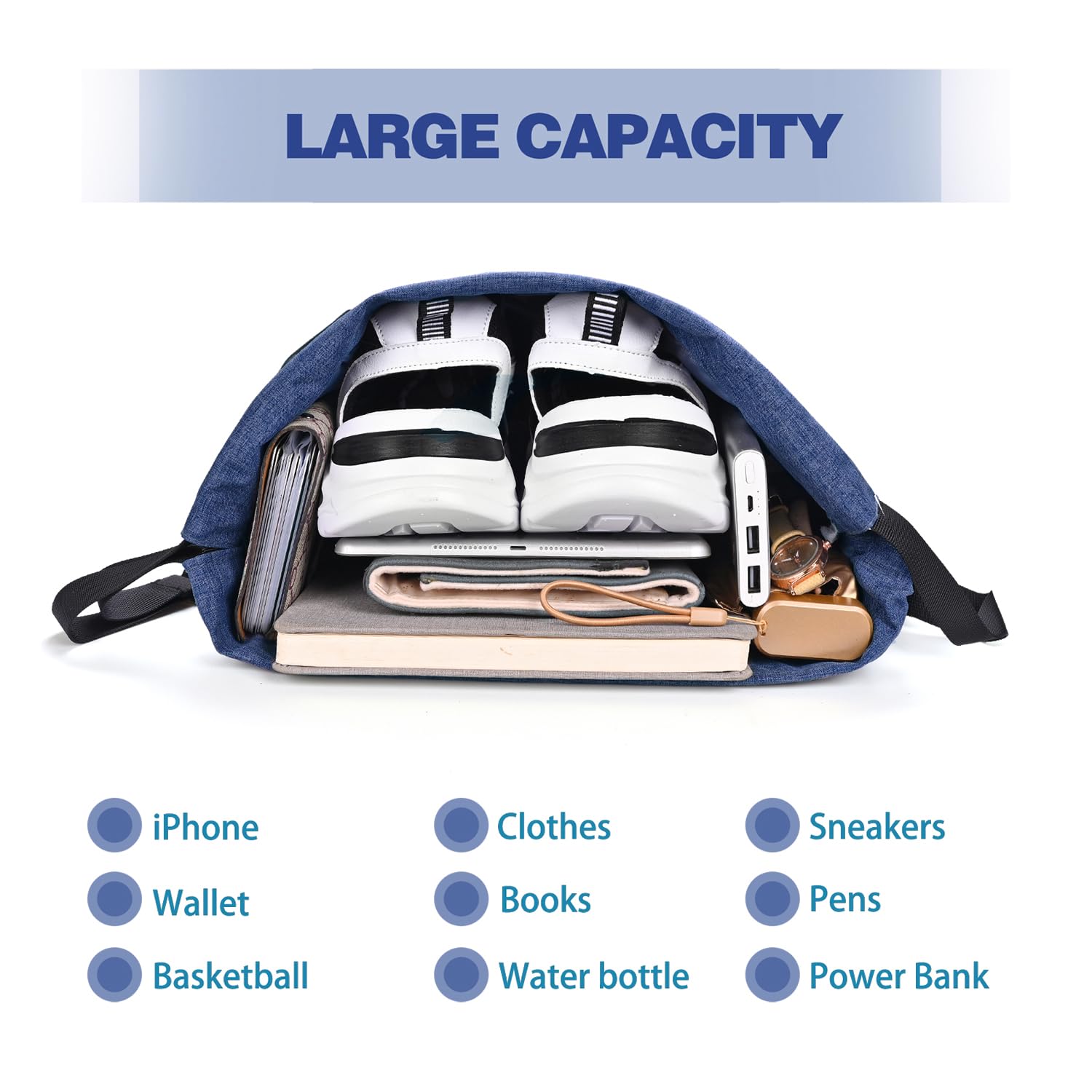 BAVELOE Drawstring Backpack Sports Gym Bag Wet Pocket & Shoe Compartment, Water-Resistant String Bag for Women Men(Navy Blue)