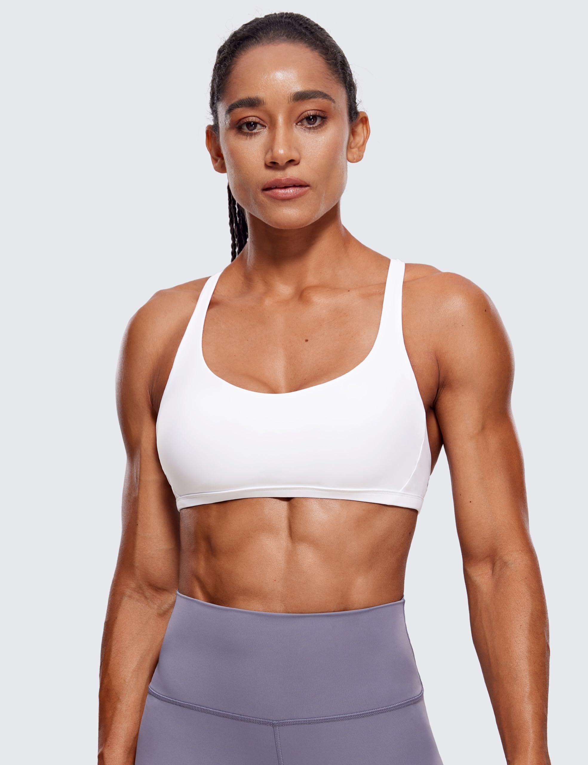 CRZ YOGA Womens Strappy Sports Bra - Criss Cross Back Padded Medium Support Wireless Gym Cami Workout Yoga White Medium