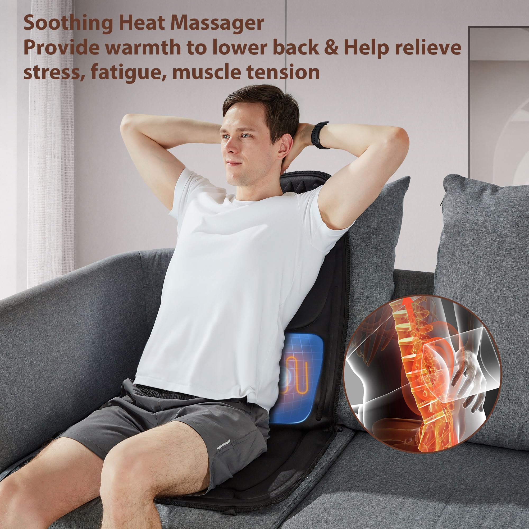 Back Massager with Heat, Massage Seat Cushion with 3D Lumbar Traction, 10 Vibrating Motors Massager Chair Pad for Full Body Pain Relief, and Home Use