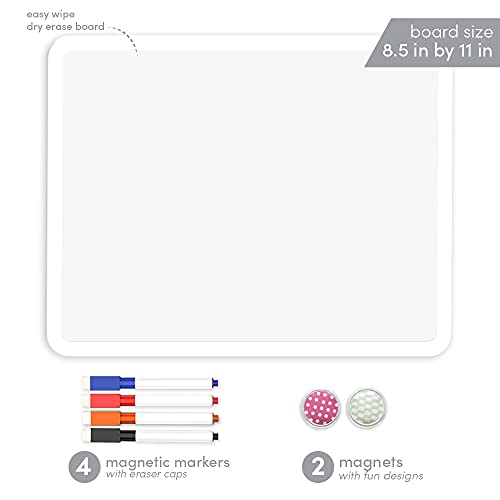 Dry Erase Board 8.5 X 11 inch Magnetic Whiteboard with 4 Markers and 2 Magnets with White Frame. Use for School, Home, Office, Remote Learning. Easy to Hang on Walls or Magnetic Surfaces.