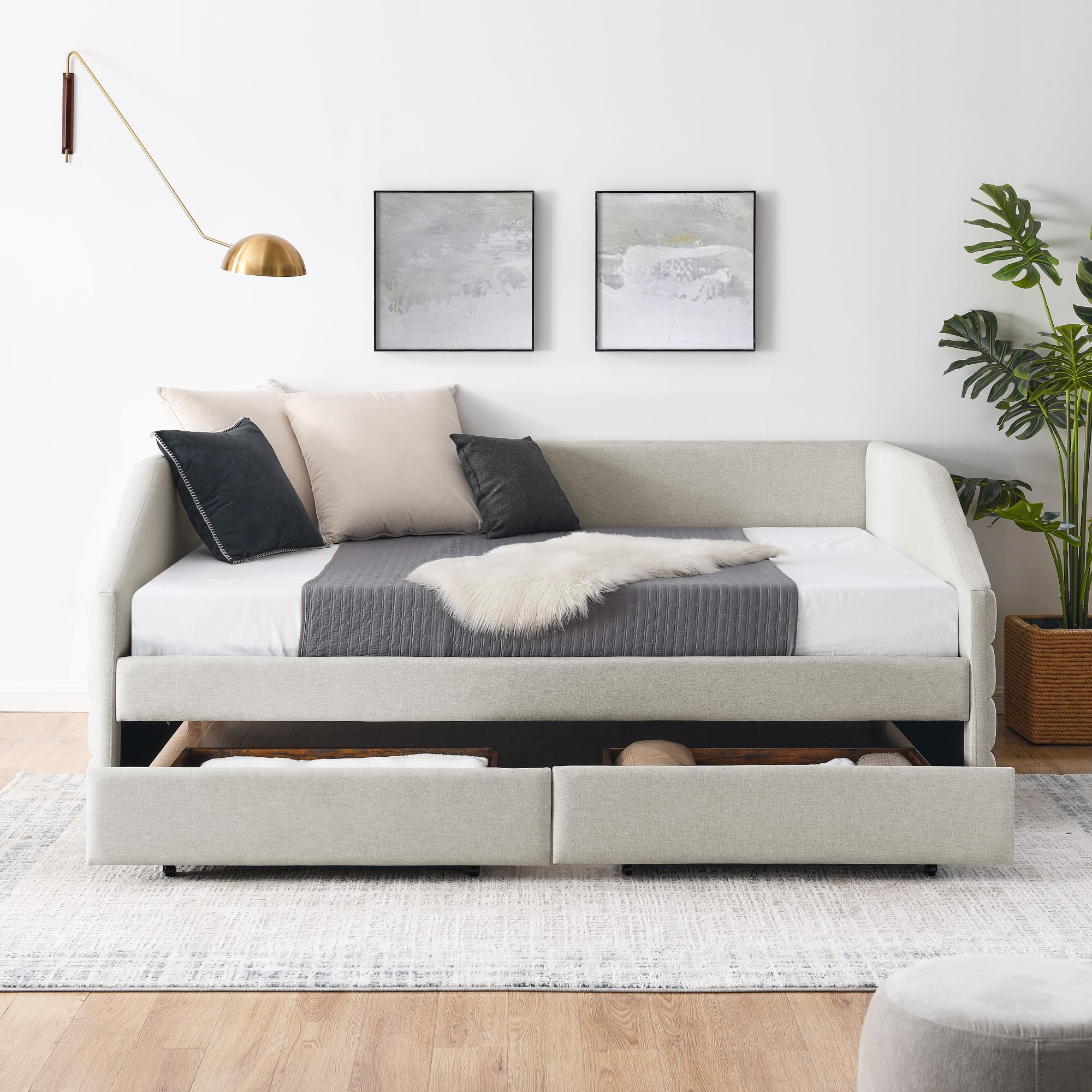 OMGO Linen Upholstered Queen Size Daybed with Two Storage Trundle Drawers, Solid Wooden Sofa Bed Frame w/Tufted Decorate, No Box Spring Needed, Space-Saving Design