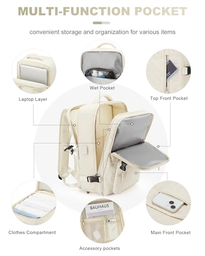 livbote Travel Backpack for Women, Large Carry on Backpack Flight Approved with Shoe Compartment & USB Charging Port, Waterproof Casual Daypack Work Business Backpacks Mochila de viaje, Beige