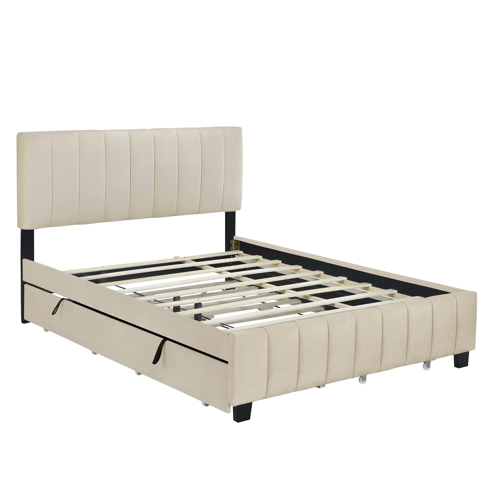 Merax Queen Upholstered Platform Bed with 2 Drawers and 1 Twin XL Trundle, Beige Wood Bed Frame Not Need A Box Spring