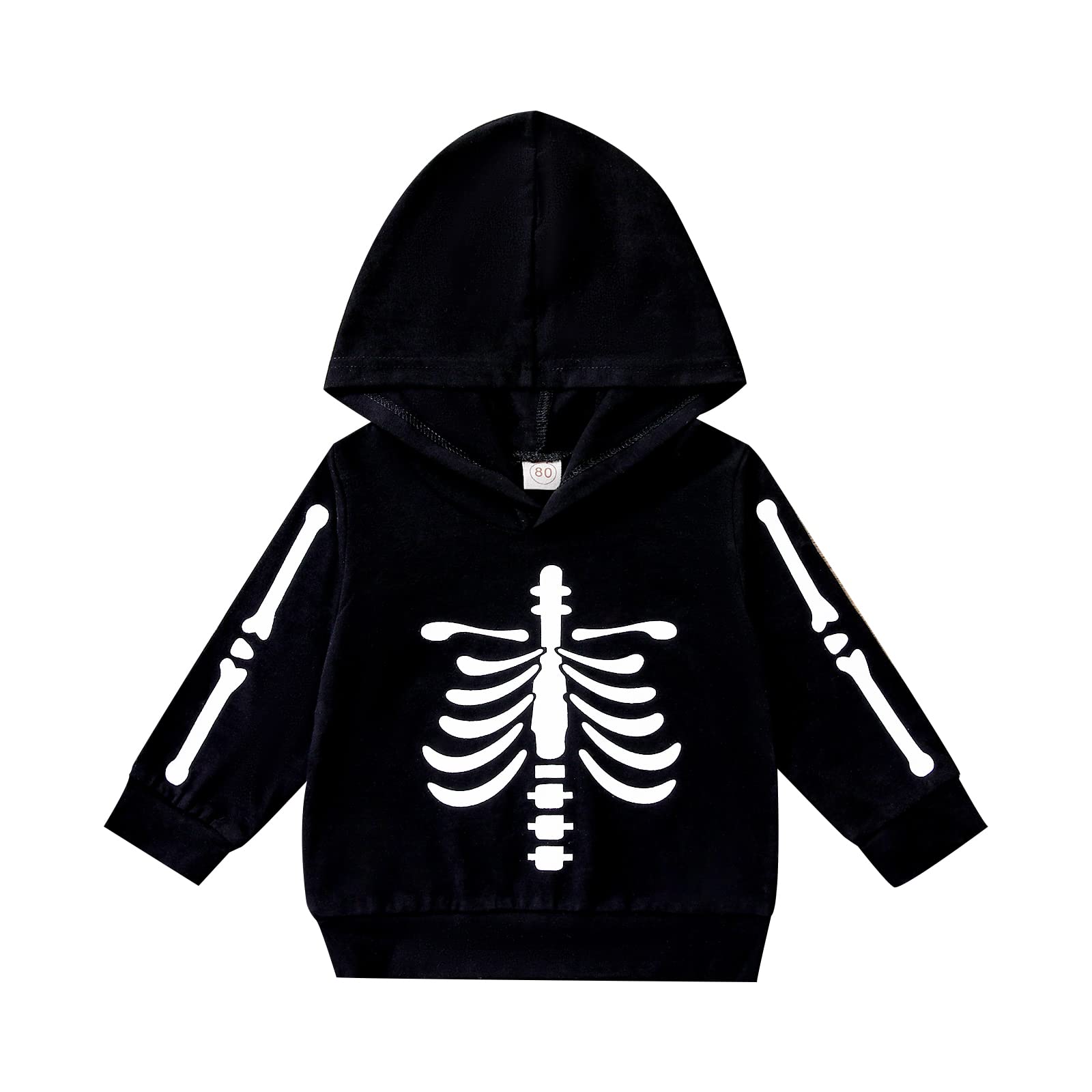 Noubeau Toddler Girls Boys Halloween Hoodie Pumpkin Ghost Print Hooded Sweatshirts Pullover Kids Shirt Tops Fall Clothes (Black- Skeleton, 1-2T)