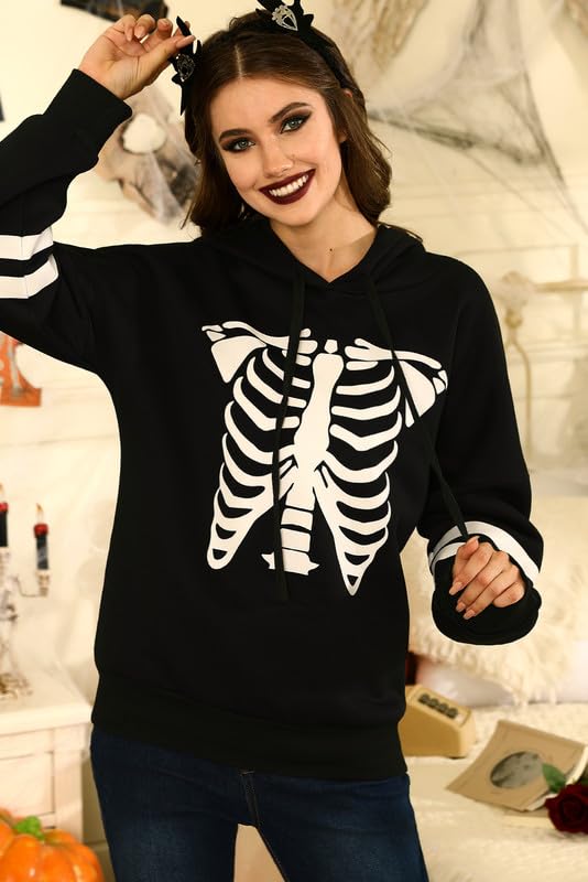 Women Halloween Funny Spooky Pullover Sweatshirts Graphic Print Long Sleeves Hoodie Skeleton M