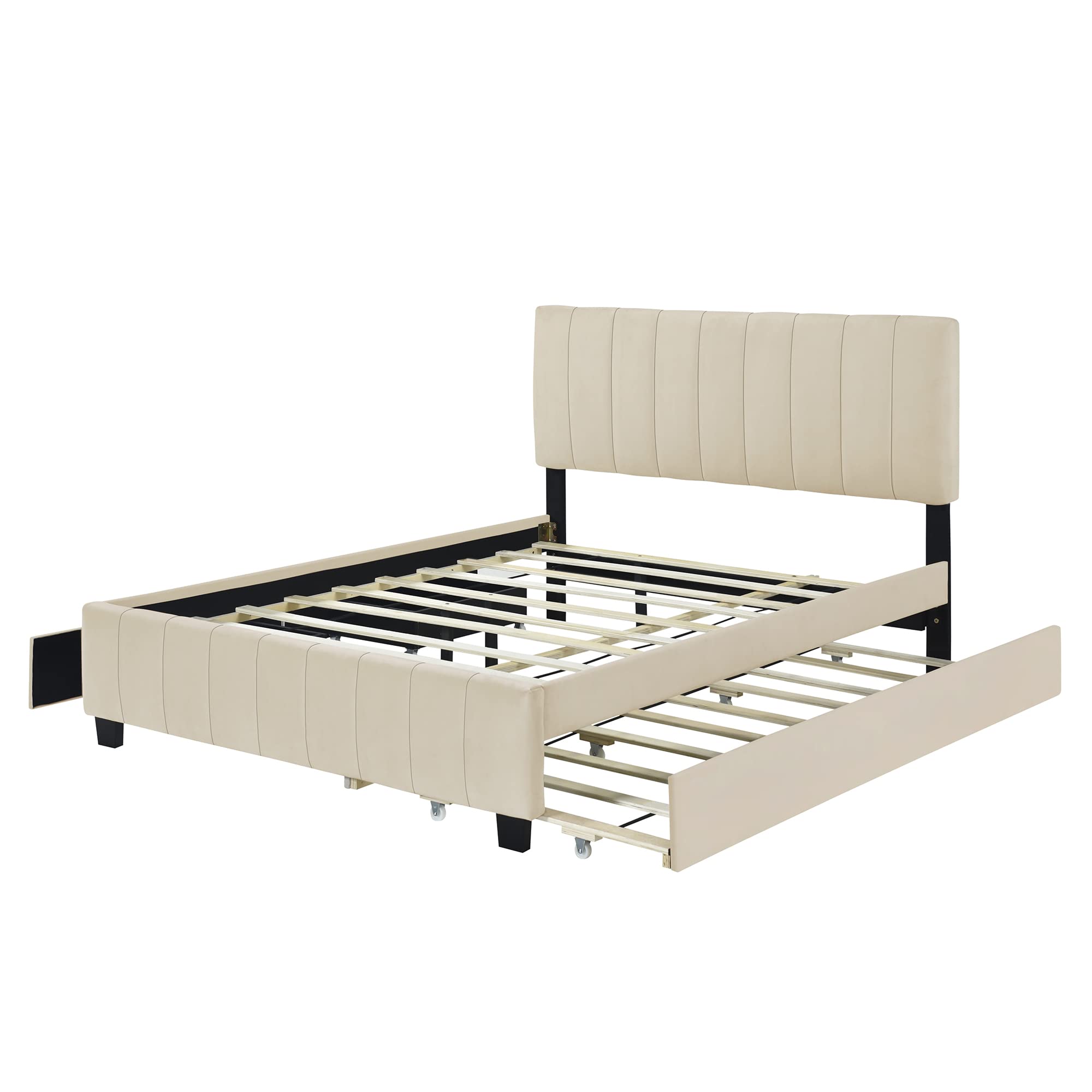 Merax Queen Upholstered Platform Bed with 2 Drawers and 1 Twin XL Trundle, Beige Wood Bed Frame Not Need A Box Spring