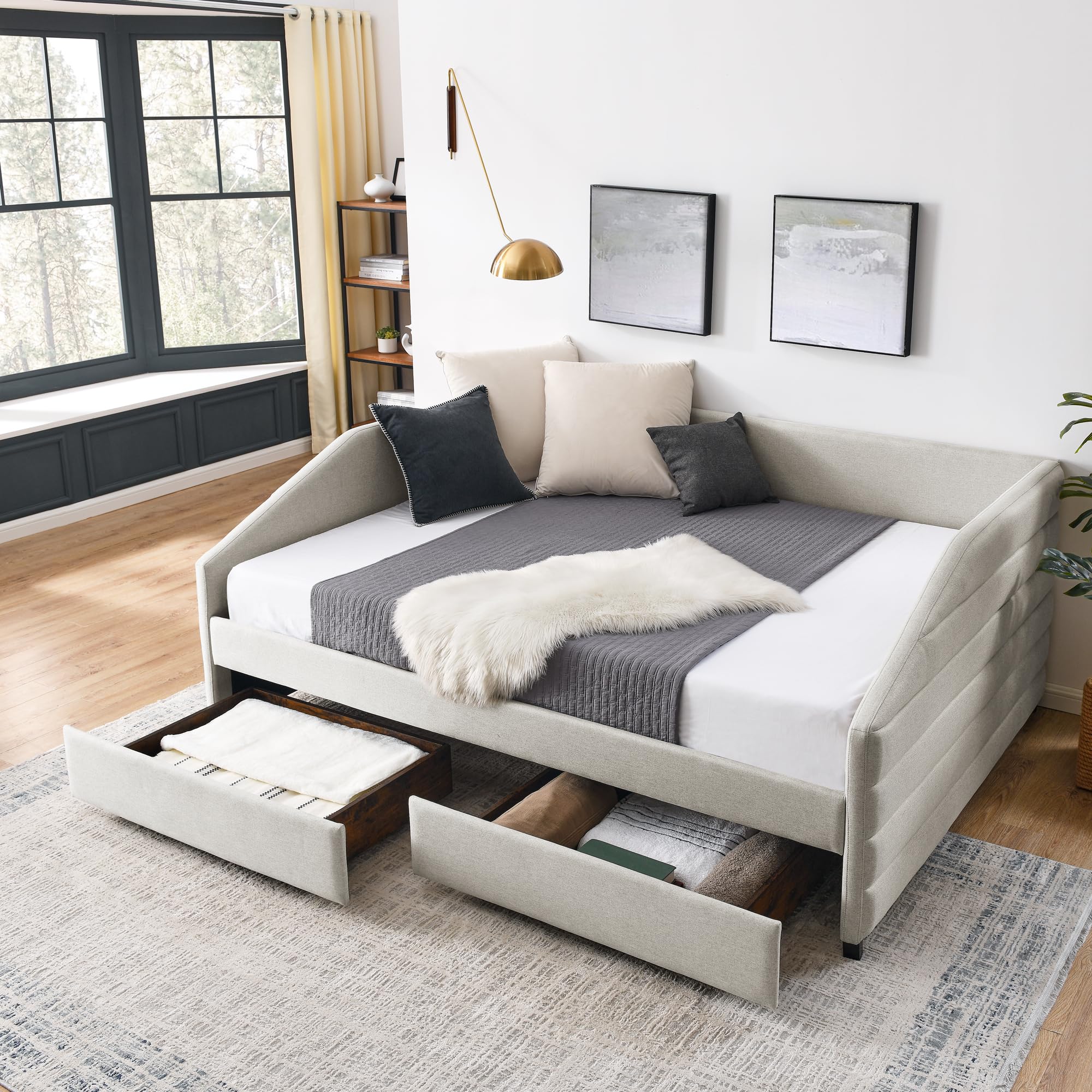 OMGO Linen Upholstered Queen Size Daybed with Two Storage Trundle Drawers, Solid Wooden Sofa Bed Frame w/Tufted Decorate, No Box Spring Needed, Space-Saving Design