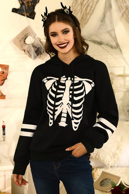 Women Halloween Funny Spooky Pullover Sweatshirts Graphic Print Long Sleeves Hoodie Skeleton M