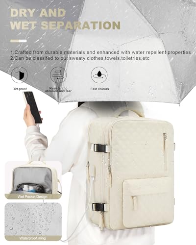 livbote Travel Backpack for Women, Large Carry on Backpack Flight Approved with Shoe Compartment & USB Charging Port, Waterproof Casual Daypack Work Business Backpacks Mochila de viaje, Beige