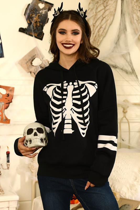 Women Halloween Funny Spooky Pullover Sweatshirts Graphic Print Long Sleeves Hoodie Skeleton M