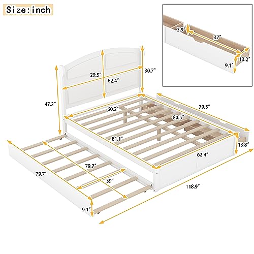 EMKK Queen Bed with Trundle and 2 Drawers, Wood Queen Size Platform Bed Frame Space-Saving Queen Size Bed for Boys, Girls, Kids, Teens and Adults