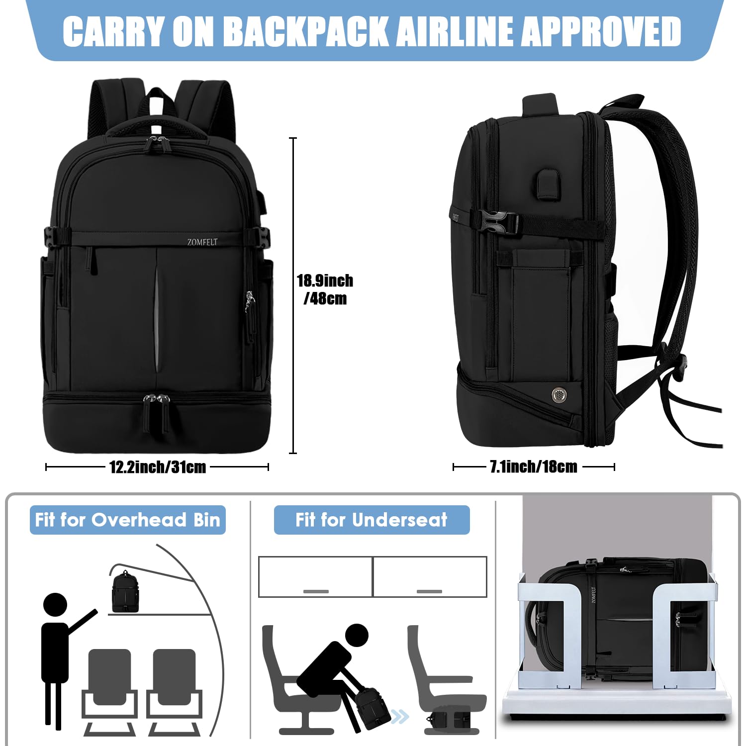 ZOMFELT Travel Backpack for Women Men,Carry On Backpack Airline Approved with Shoes Compartment, 15.6 Inch Laptop Backpack with USB Port,Waterproof Hiking Backpack Casual Daypack for College, Black