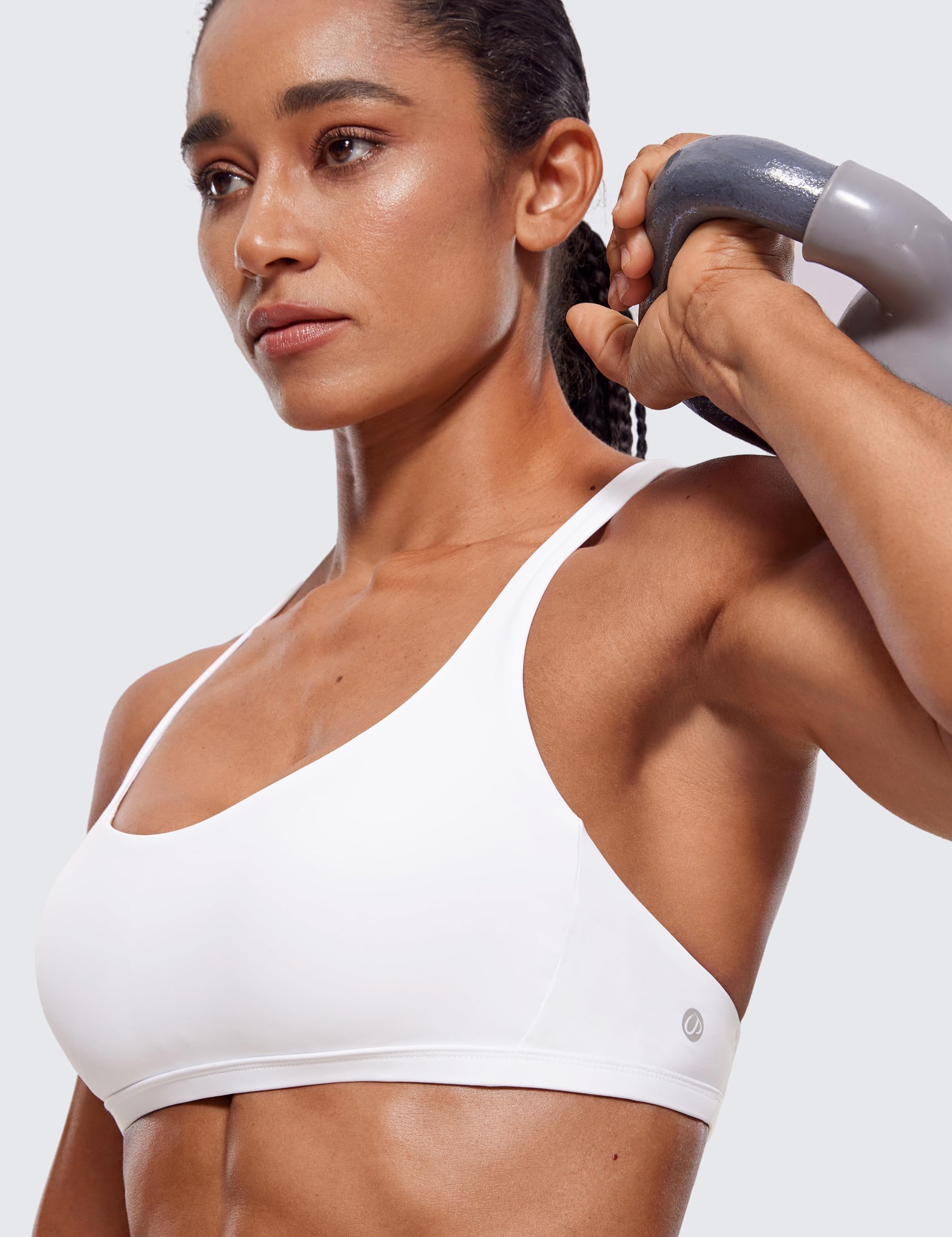 CRZ YOGA Womens Strappy Sports Bra - Criss Cross Back Padded Medium Support Wireless Gym Cami Workout Yoga White Medium