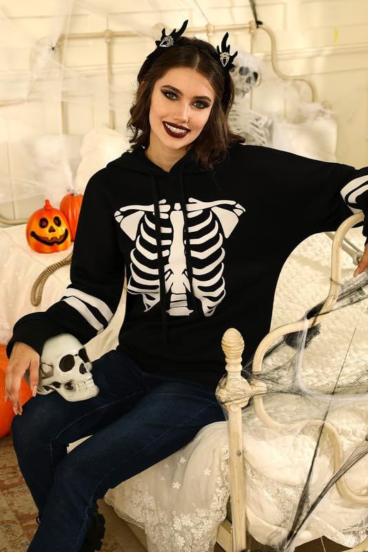 Women Halloween Funny Spooky Pullover Sweatshirts Graphic Print Long Sleeves Hoodie Skeleton M