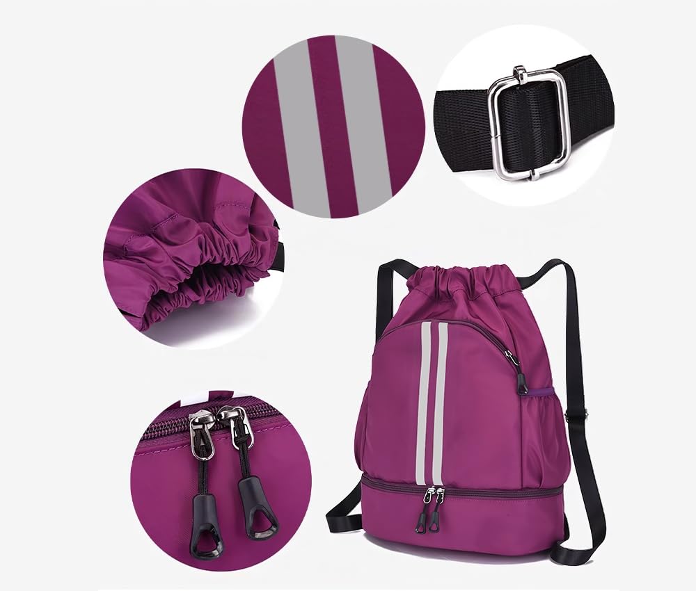 Oziral Drawstring Backpack, Water-Resistant Sports Gym Bag with Shoe Compartment and Two Side Mesh Pockets, String Backpack with Reflective Strip for Men and Women (Purple)