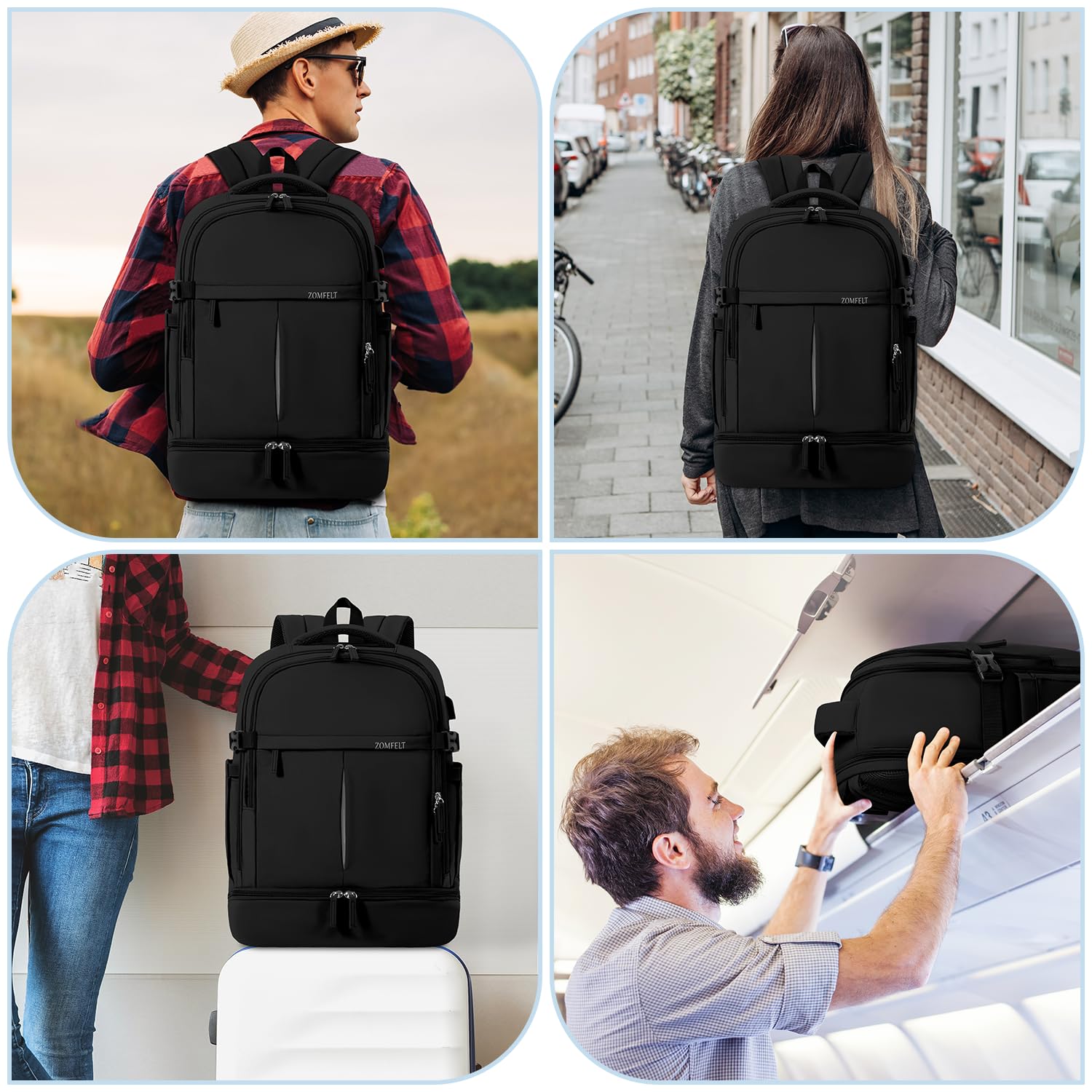ZOMFELT Travel Backpack for Women Men,Carry On Backpack Airline Approved with Shoes Compartment, 15.6 Inch Laptop Backpack with USB Port,Waterproof Hiking Backpack Casual Daypack for College, Black