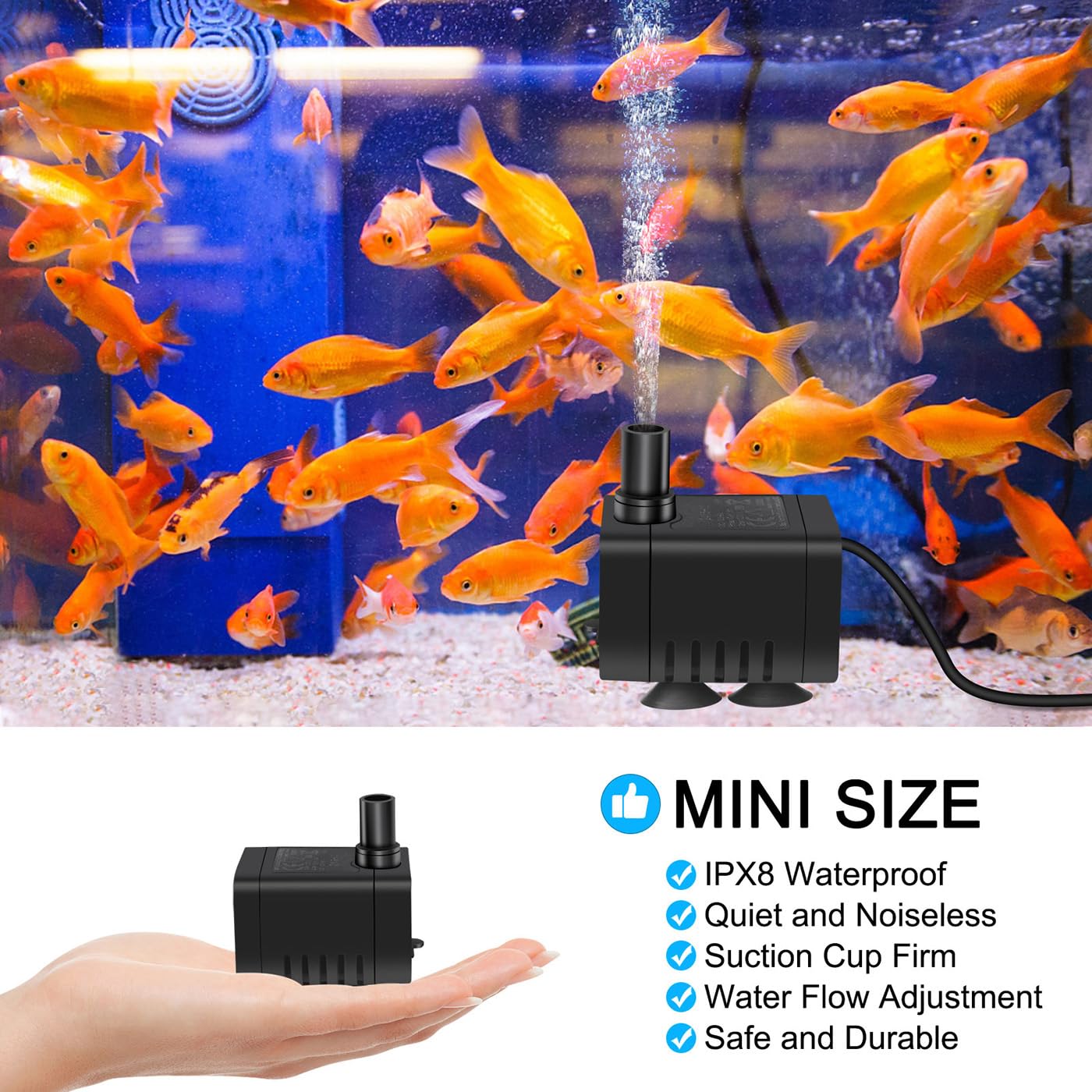 Mini Submersible Water Pump, Ultra Quiet USB Fountain Pump DC 5V, for Pet Water Fountain, Aquarium Fish Tank, Tabletop Fountain, Water Gardens and Hydroponic Systems