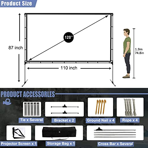 QILEBA Projector Screen with Stand, 120 Inch Outdoor Projection Screen, Portable Indoor HD 4K Thickened Wrinkle-Free Fast Folding Movie Screen with Carry Bag for Home Theater Camping Backyard Cinema