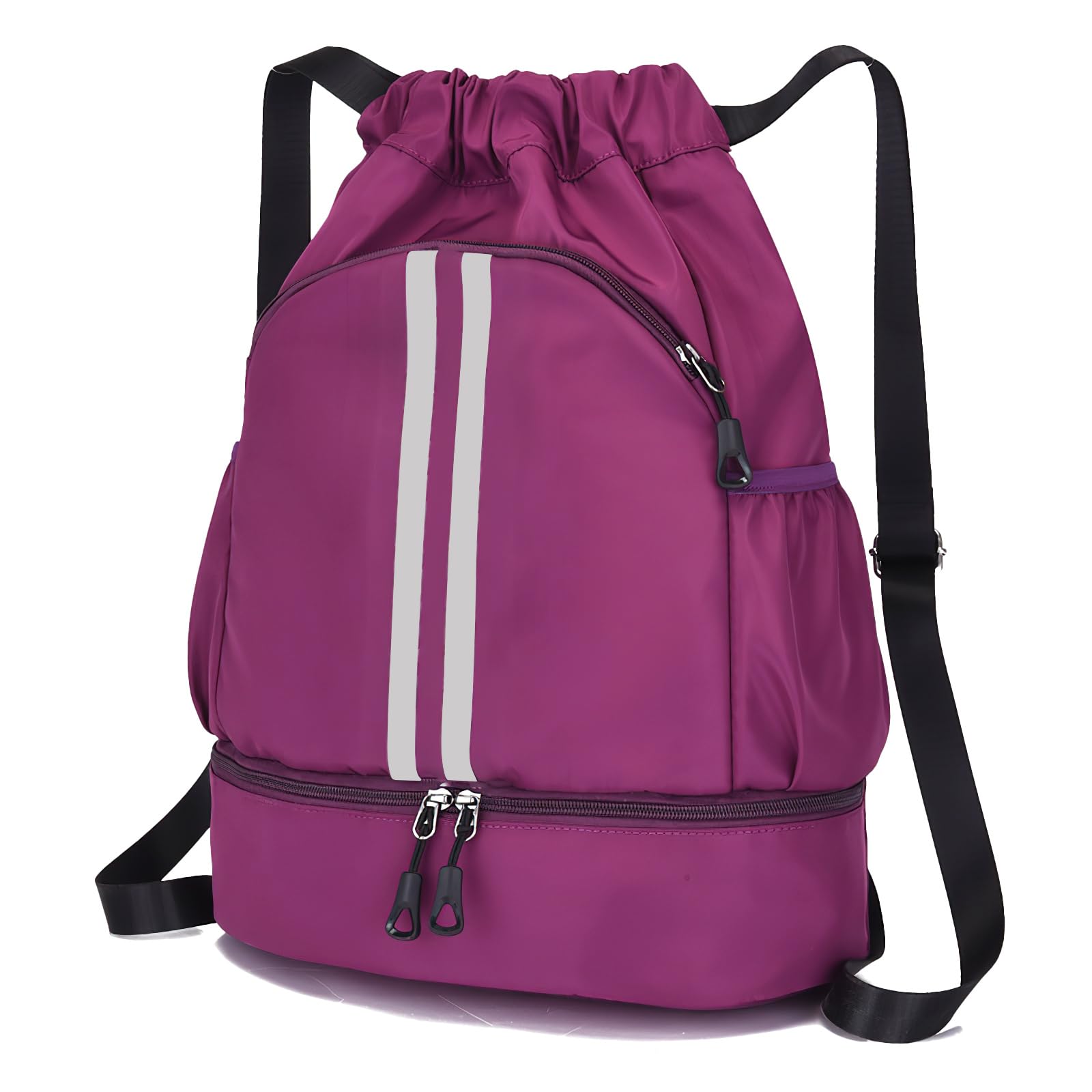 Oziral Drawstring Backpack, Water-Resistant Sports Gym Bag with Shoe Compartment and Two Side Mesh Pockets, String Backpack with Reflective Strip for Men and Women (Purple)