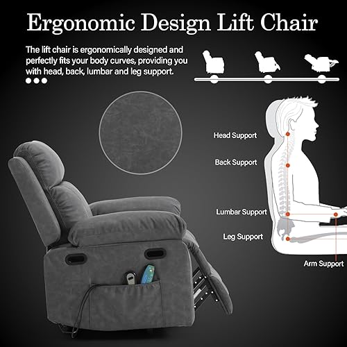 JEEOHEY Recliner Chair, Electric Power Lift Chair,Upholstered PU Leather Massage Chair Recliner Sofa with Heated,Adjustable Modern Reclining Chair for Elderly Adults(Grey)
