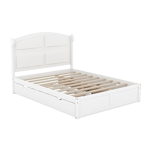 EMKK Queen Bed with Trundle and 2 Drawers, Wood Queen Size Platform Bed Frame Space-Saving Queen Size Bed for Boys, Girls, Kids, Teens and Adults