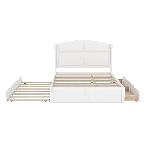 EMKK Queen Bed with Trundle and 2 Drawers, Wood Queen Size Platform Bed Frame Space-Saving Queen Size Bed for Boys, Girls, Kids, Teens and Adults