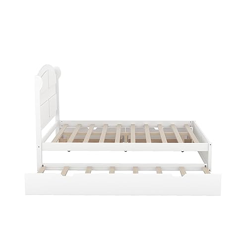 EMKK Queen Bed with Trundle and 2 Drawers, Wood Queen Size Platform Bed Frame Space-Saving Queen Size Bed for Boys, Girls, Kids, Teens and Adults