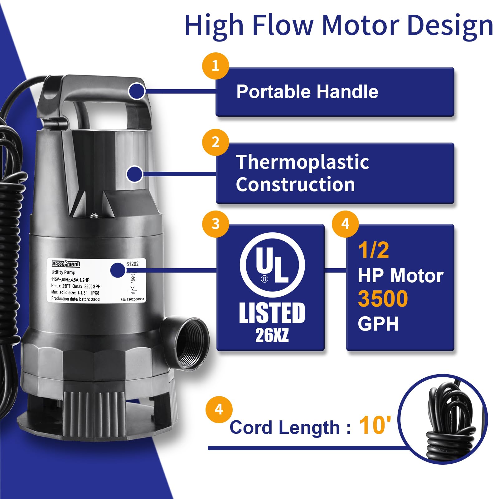 WASSERMANN 1/2HP Water Pump,3500GPH Submersible Thermoplastic Utility Pump with 10 FT Power Cord,Electric Portable Transfer Clean/Dirty Sump Pump for Swimming Pool Tubs Garden Ponds Draining