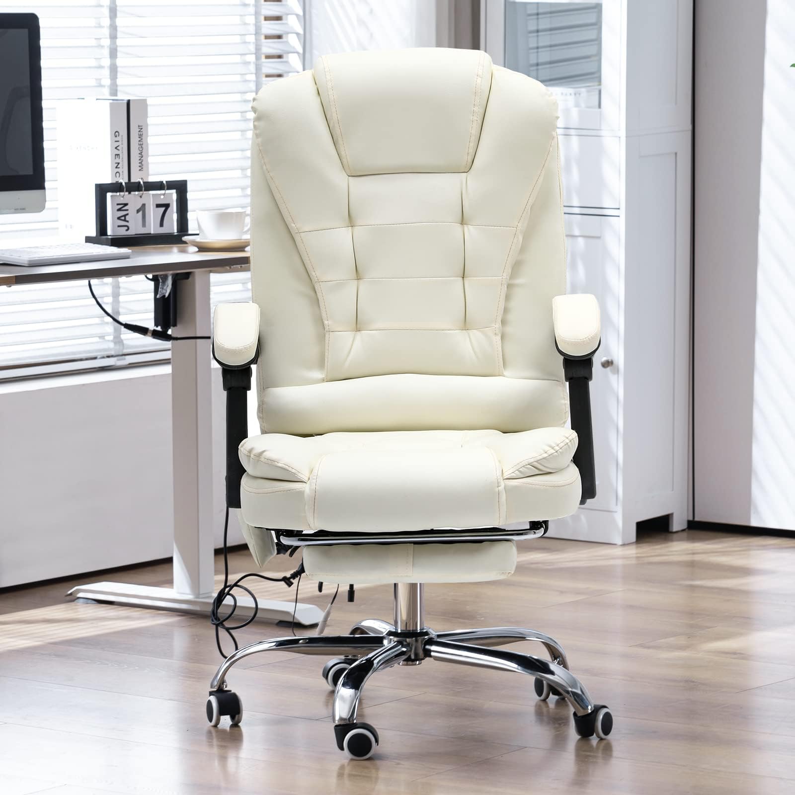 Belandi Massage Office Chair, Ergonomic Executive Computer Chair w/Foot Rest, PU Leather Executive Office Chair w/Heated, Padded Armrest, High Back Swivel Recliner for Office Home Study (White)