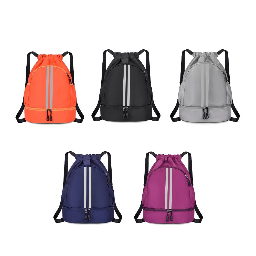 Oziral Drawstring Backpack, Water-Resistant Sports Gym Bag with Shoe Compartment and Two Side Mesh Pockets, String Backpack with Reflective Strip for Men and Women (Purple)