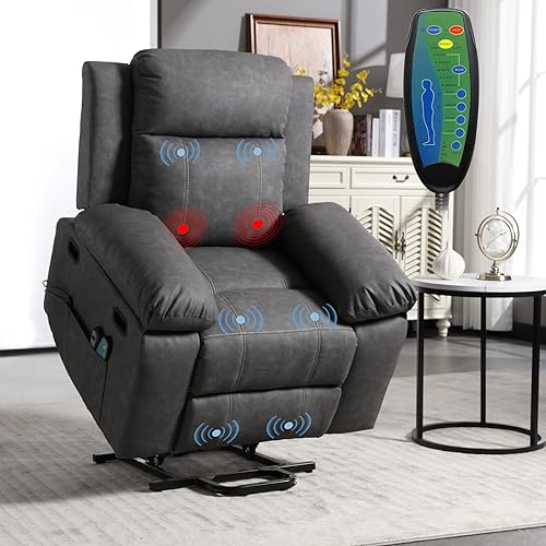 JEEOHEY Recliner Chair, Electric Power Lift Chair,Upholstered PU Leather Massage Chair Recliner Sofa with Heated,Adjustable Modern Reclining Chair for Elderly Adults(Grey)