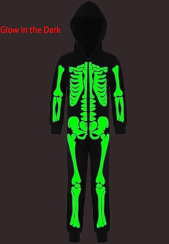 Bordazor Kids Skeleton Costume Glow in The Dark One-Piece Skeleton Hoodie for Halloween (8-10 Years)