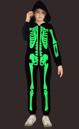 Bordazor Kids Skeleton Costume Glow in The Dark One-Piece Skeleton Hoodie for Halloween (8-10 Years)