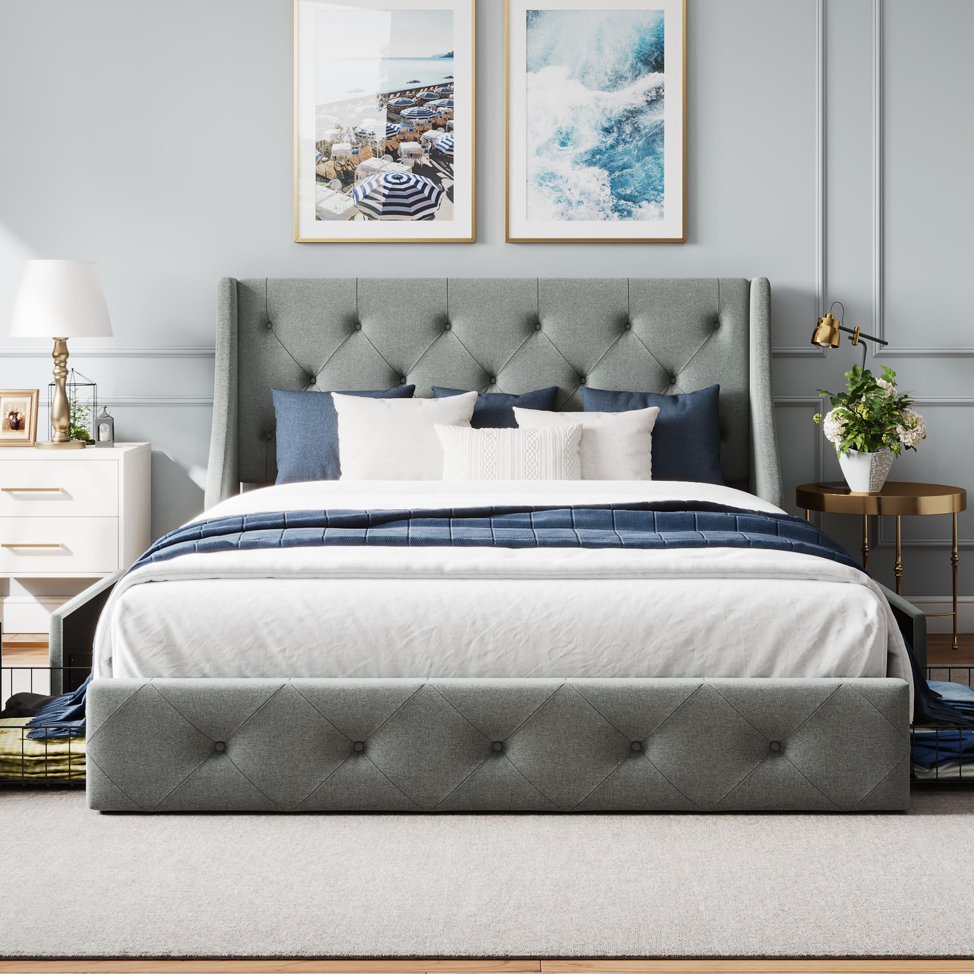 WEEWAY Upholstered Queen Size Bed Frame with 4 Storage Drawers and Wingback Headboard, Button Tufted Design, No Box Spring Needed, Easy Assembly, Light Grey