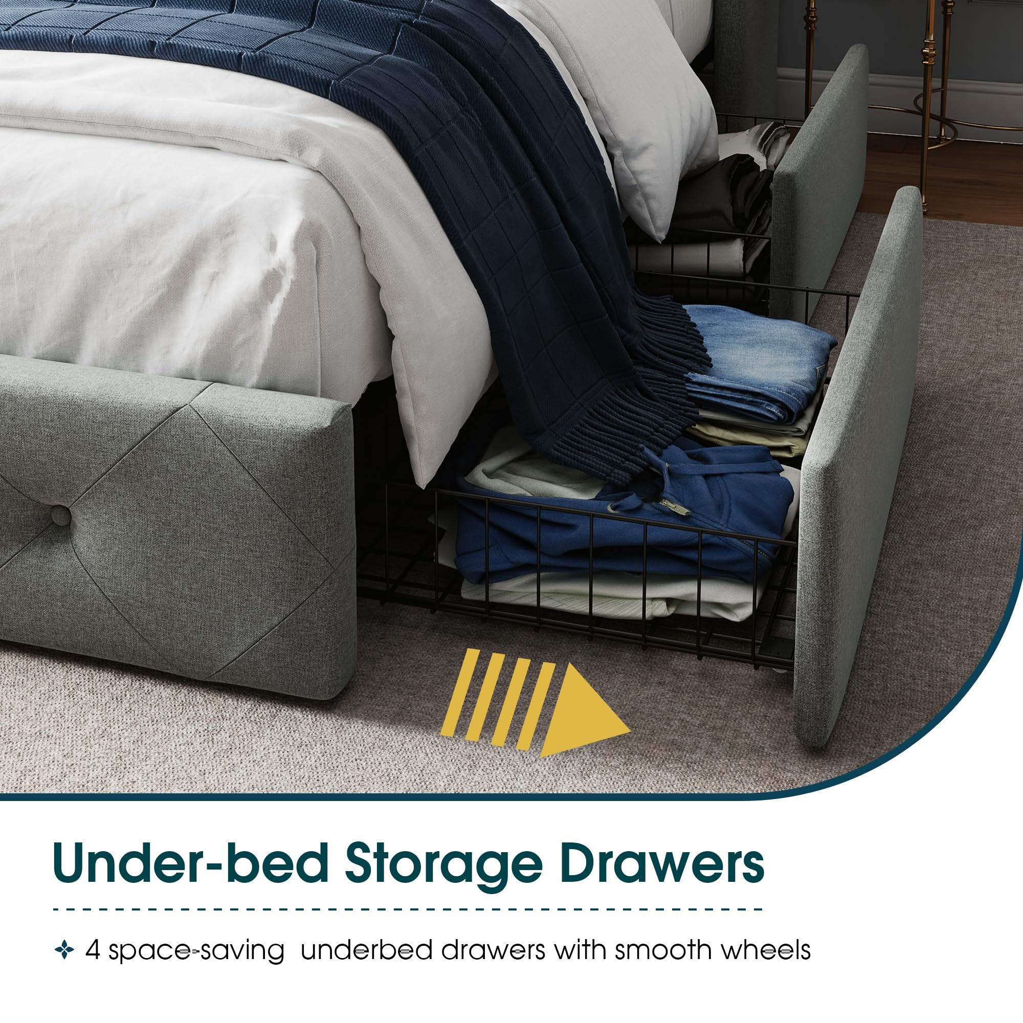 WEEWAY Upholstered Queen Size Bed Frame with 4 Storage Drawers and Wingback Headboard, Button Tufted Design, No Box Spring Needed, Easy Assembly, Light Grey