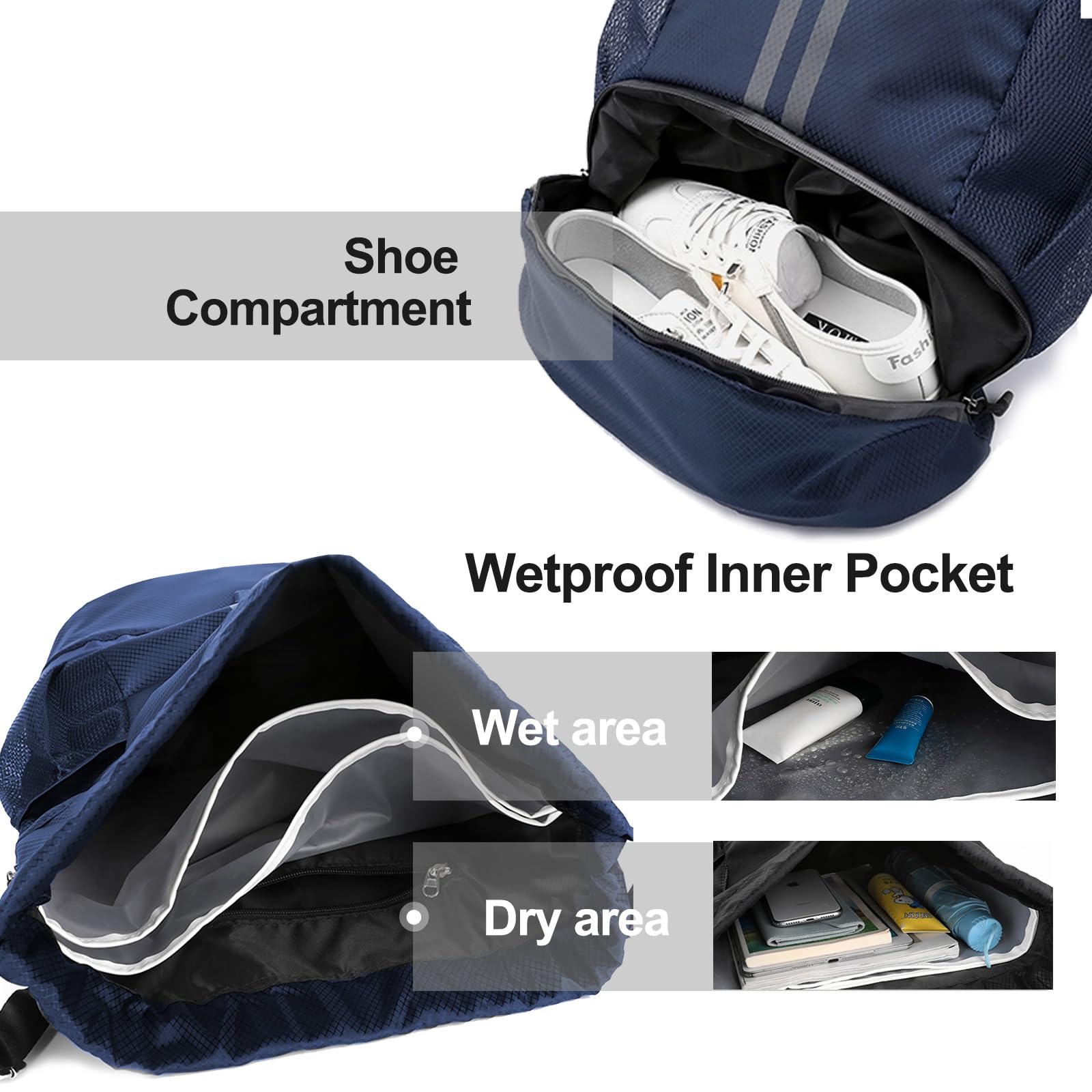 Hoedia Sports Drawstring Backpack - String Swim Gym Bag with Shoes Compartment and Wet Proof Pocket for Women/Men (Navy Blue)