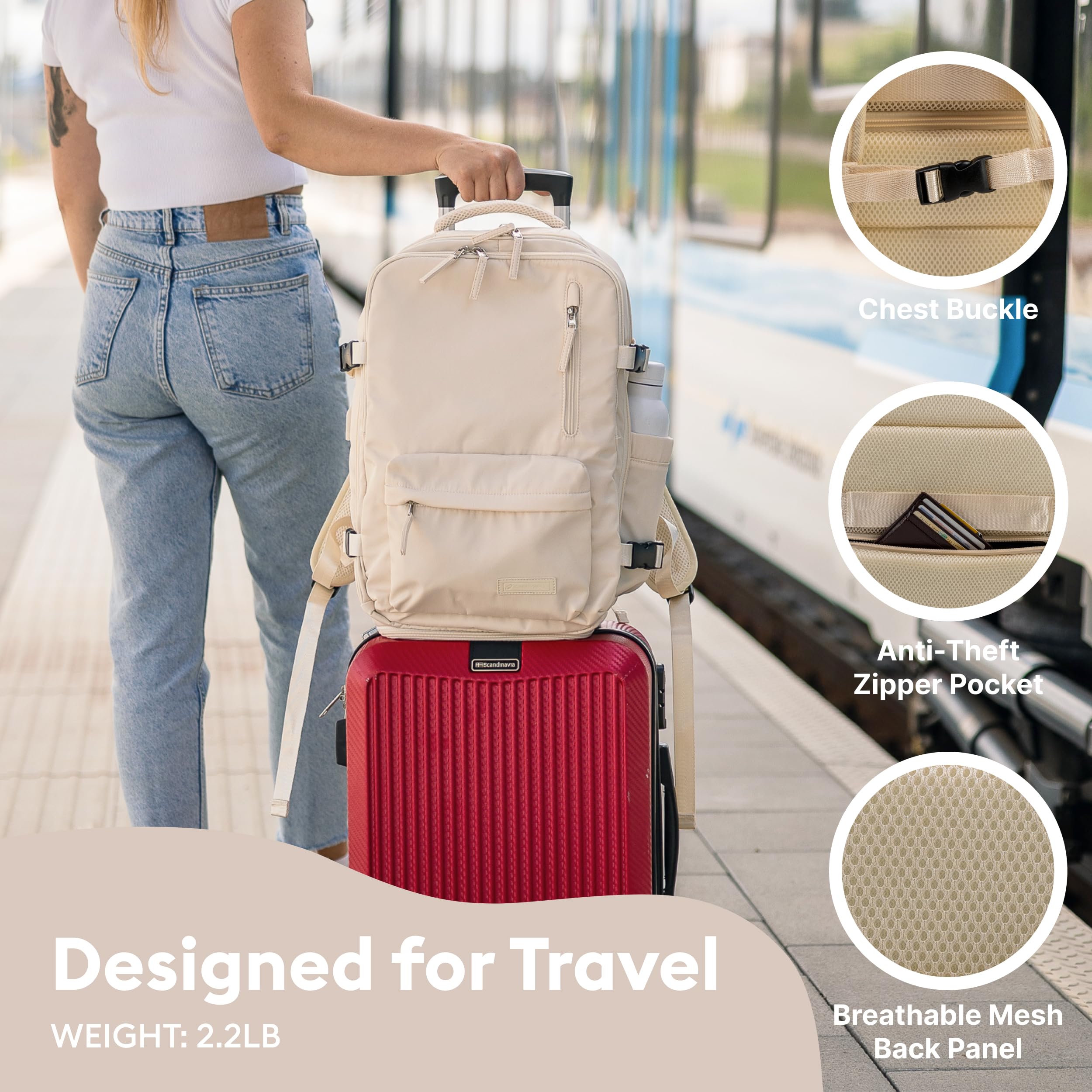 (Not Made In China) Travel Backpack For Men and Women, Airline Approved Carry On Bag w/Shoe Compartment, Holds 15.6" Laptop Computer, USB Charging Port (Amerigo, Beige,1 Pack)