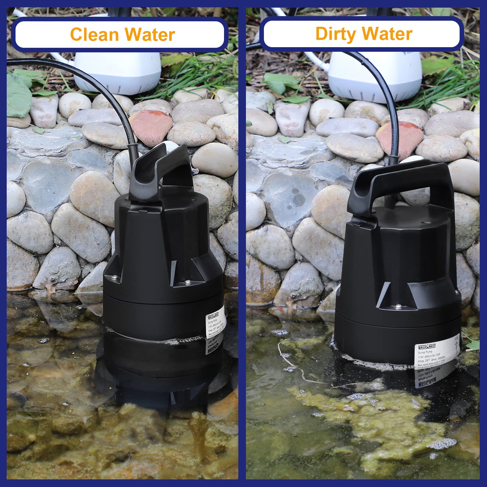 WASSERMANN 1/2HP Water Pump,3500GPH Submersible Thermoplastic Utility Pump with 10 FT Power Cord,Electric Portable Transfer Clean/Dirty Sump Pump for Swimming Pool Tubs Garden Ponds Draining