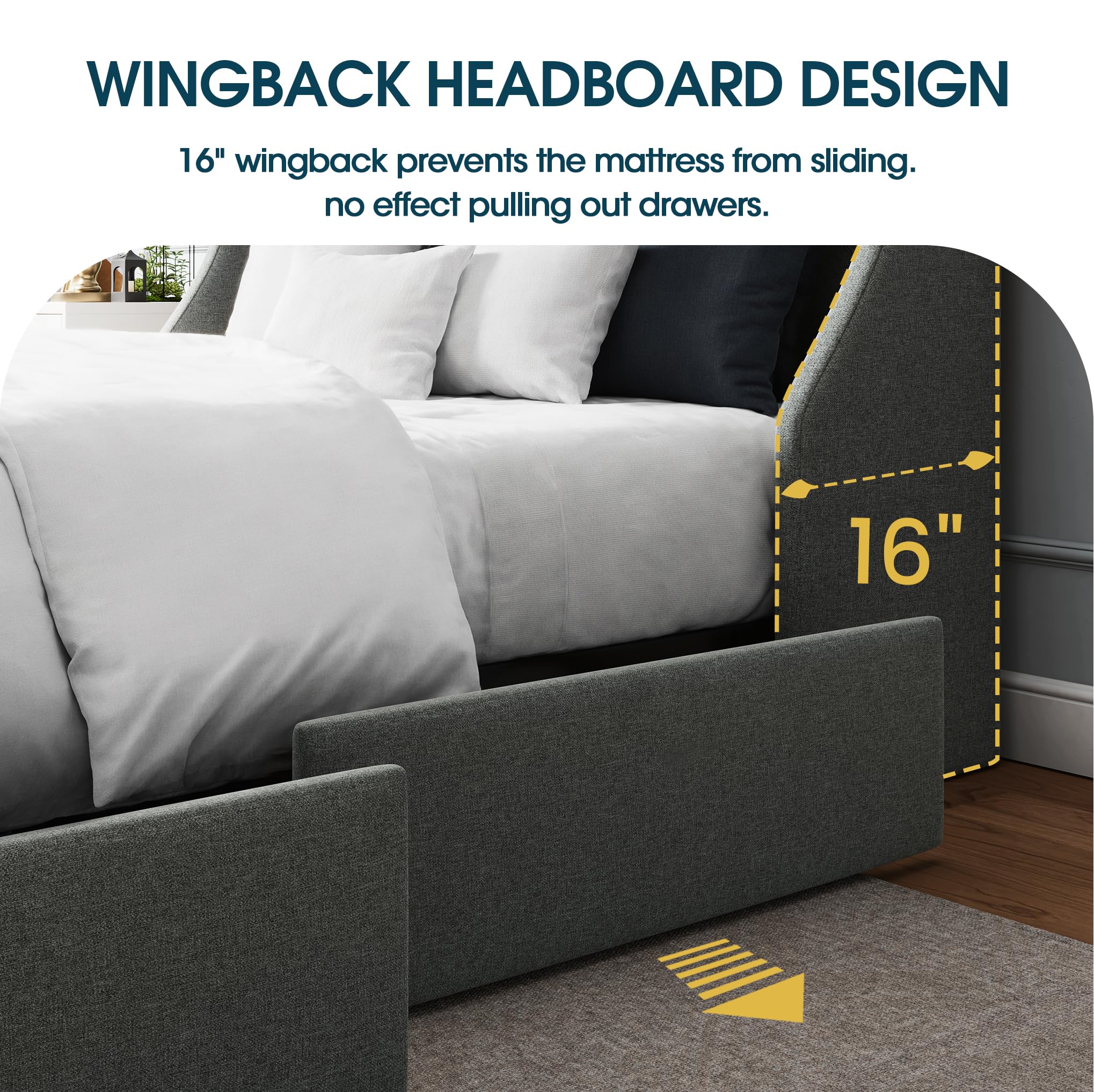 WEEWAY Upholstered Queen Size Bed Frame with 4 Storage Drawers and Wingback Headboard, Button Tufted Design, No Box Spring Needed, Easy Assembly, Light Grey