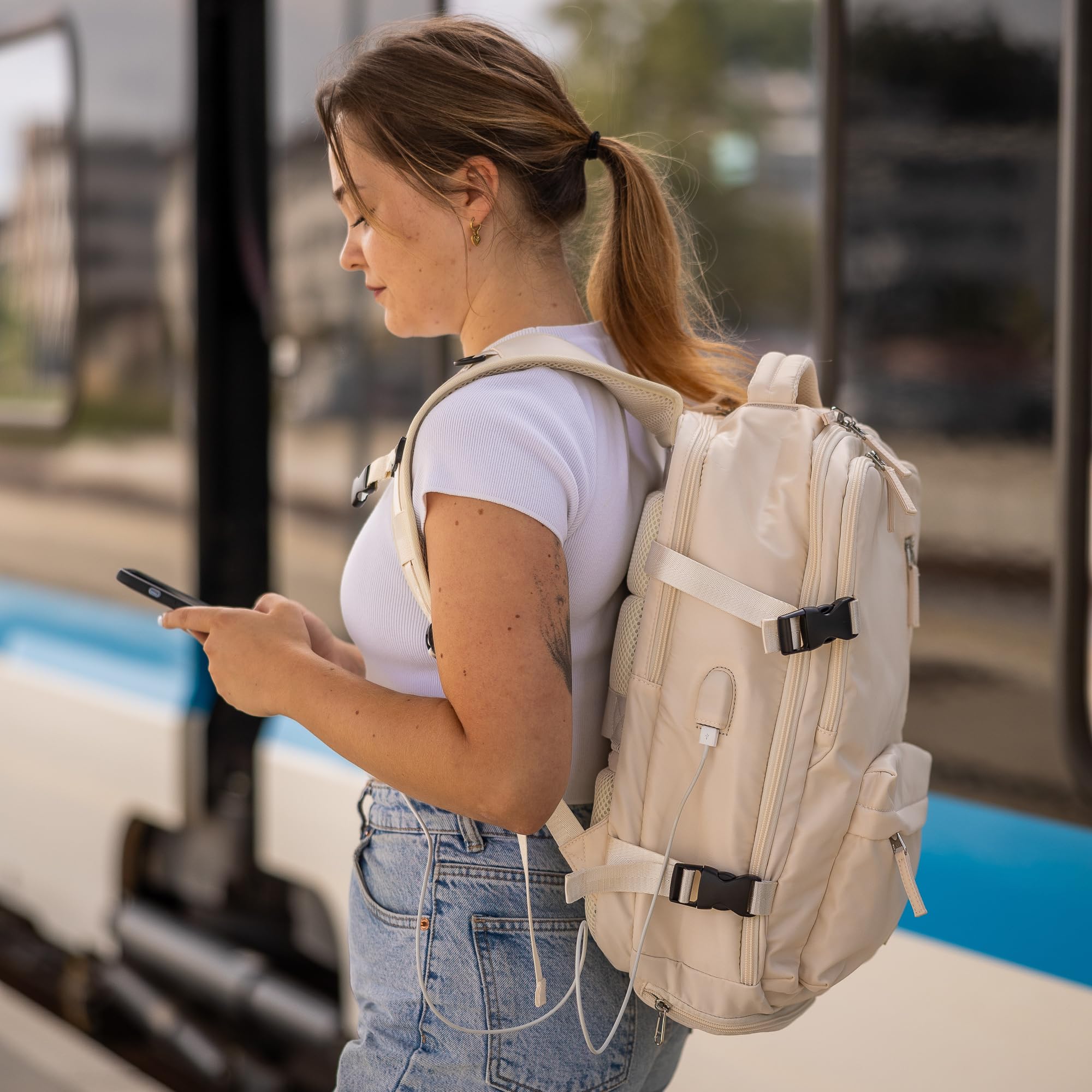 (Not Made In China) Travel Backpack For Men and Women, Airline Approved Carry On Bag w/Shoe Compartment, Holds 15.6" Laptop Computer, USB Charging Port (Amerigo, Beige,1 Pack)