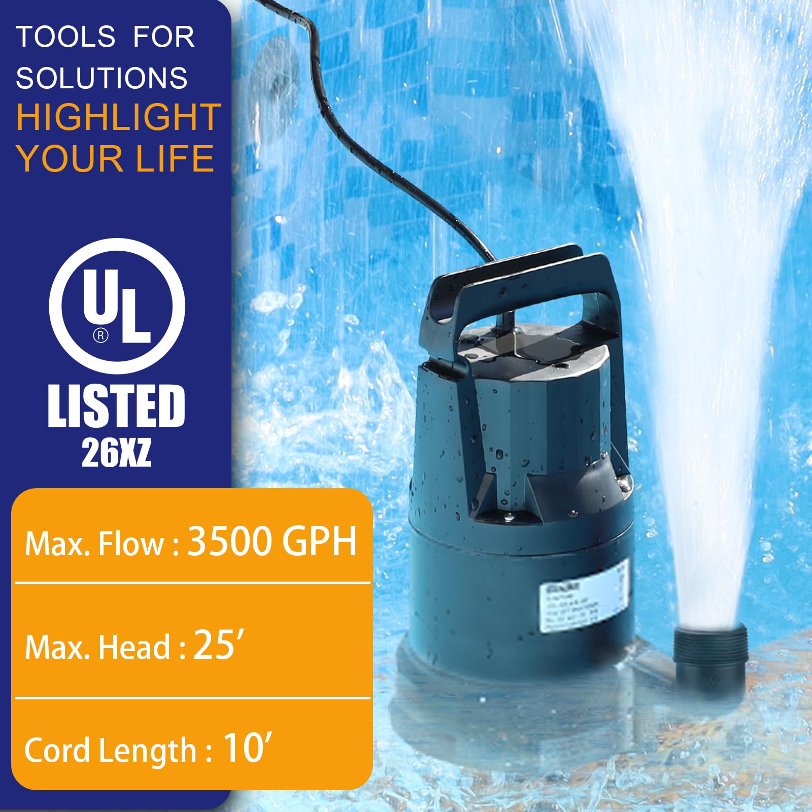 WASSERMANN 1/2HP Water Pump,3500GPH Submersible Thermoplastic Utility Pump with 10 FT Power Cord,Electric Portable Transfer Clean/Dirty Sump Pump for Swimming Pool Tubs Garden Ponds Draining