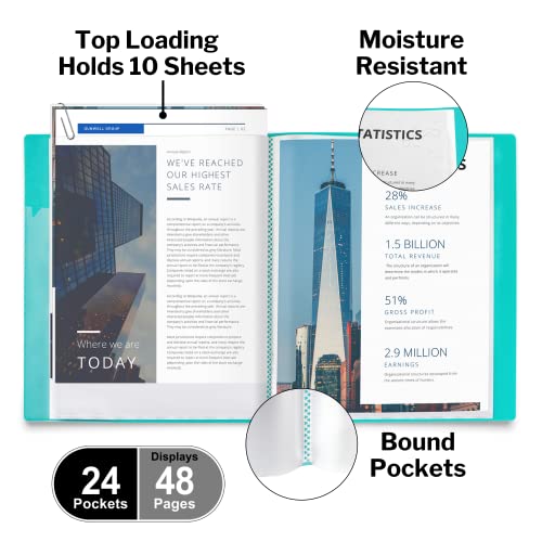Dunwell Binder with Plastic Sleeves 24-Pocket - Presentation Book 8.5x11 (Aqua), Portfolio Folder with 8.5 x 11 Sheet Protectors, Displays 48 Pages Letter Size Papers, Acid Free Archival Quality