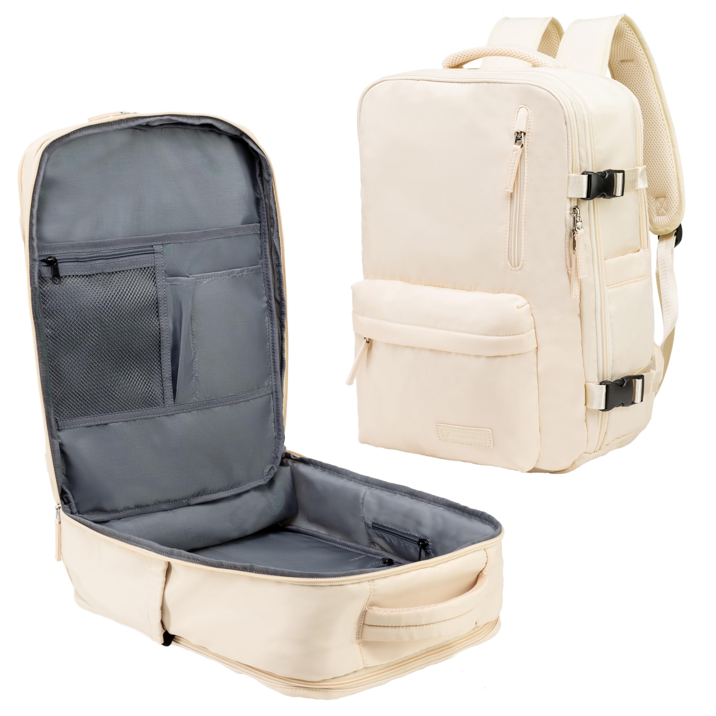 (Not Made In China) Travel Backpack For Men and Women, Airline Approved Carry On Bag w/Shoe Compartment, Holds 15.6" Laptop Computer, USB Charging Port (Amerigo, Beige,1 Pack)