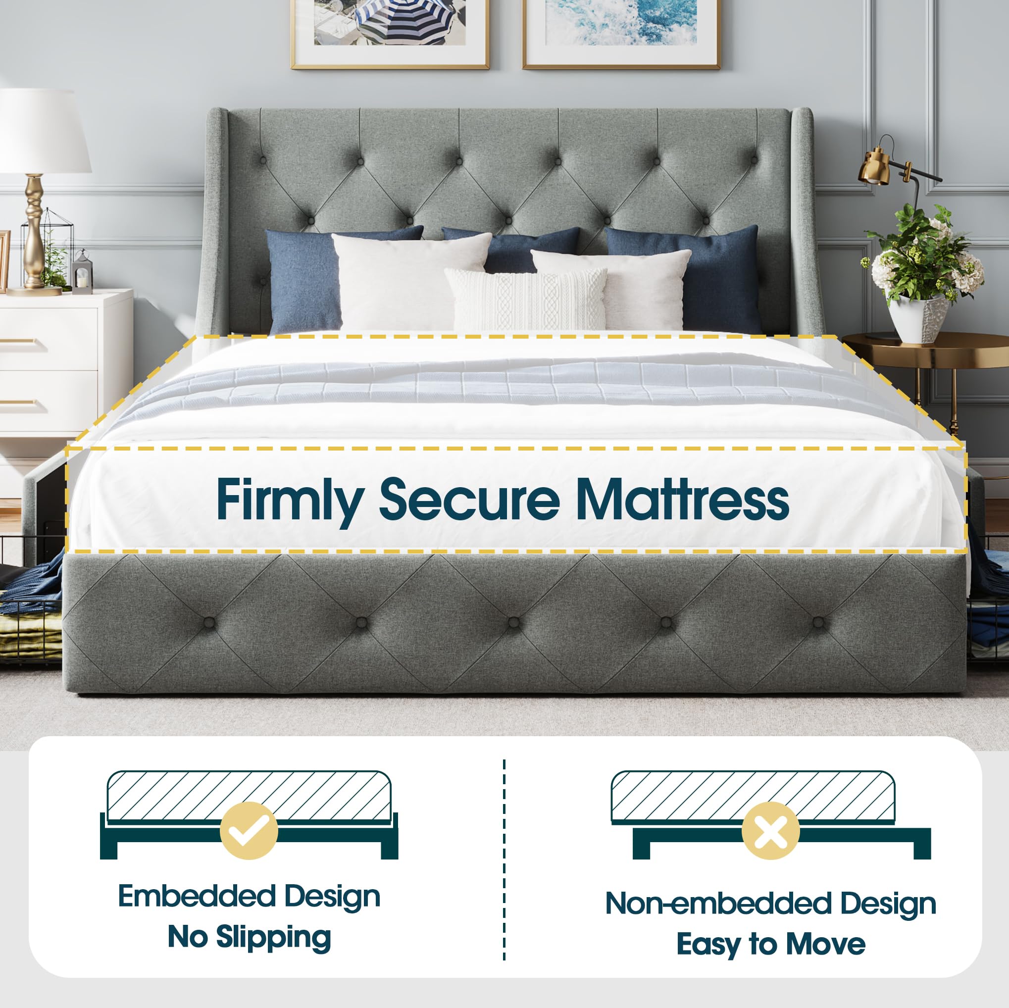 WEEWAY Upholstered Queen Size Bed Frame with 4 Storage Drawers and Wingback Headboard, Button Tufted Design, No Box Spring Needed, Easy Assembly, Light Grey