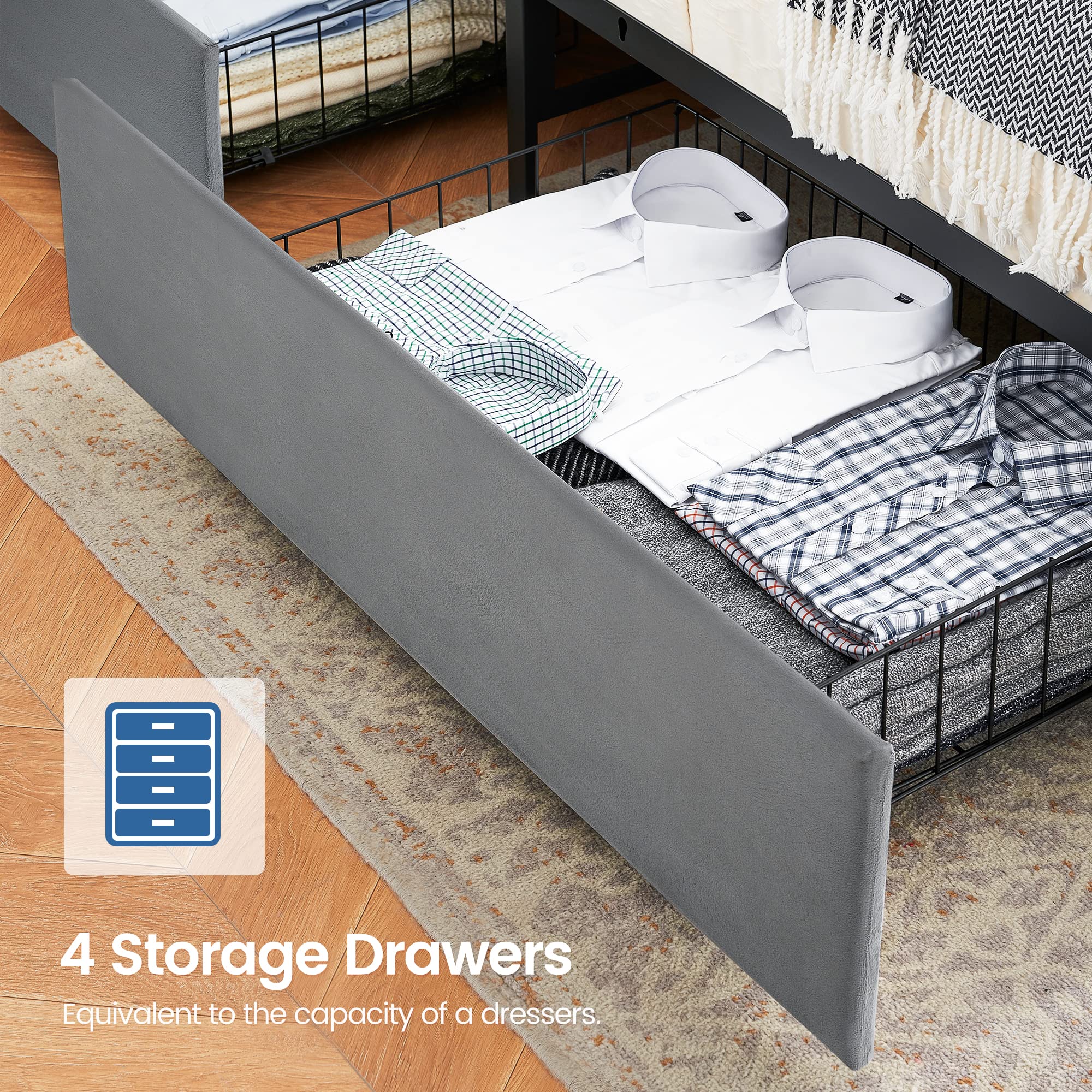 Amyove Queen Bed Frame with 4 Storage Drawers and Charging Station,Grey Queen Upholstered Bed Frame with Storage Headboard No Box Spring Needed Noise-Free (Queen)